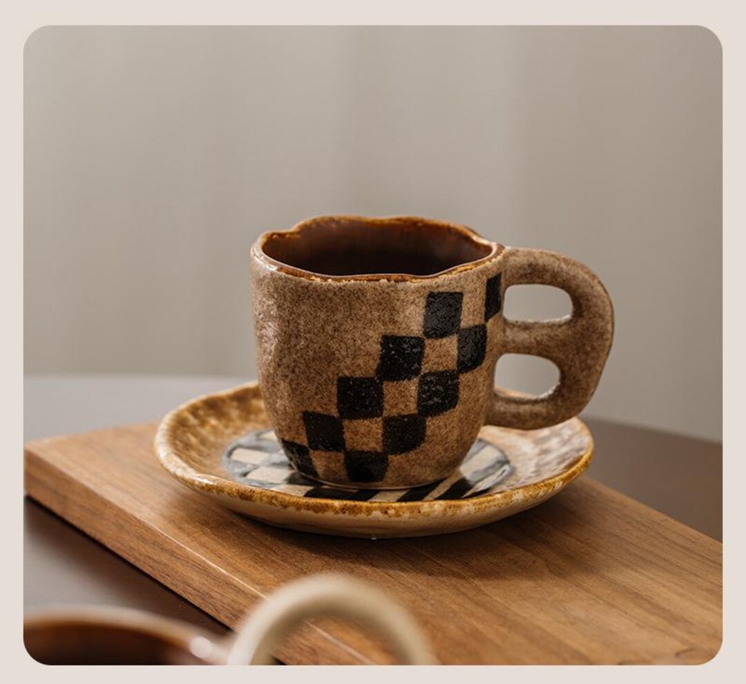 Hand-pinched Ceramic Coffee Cup & Saucer, Retro Checkered Tea Cup ...