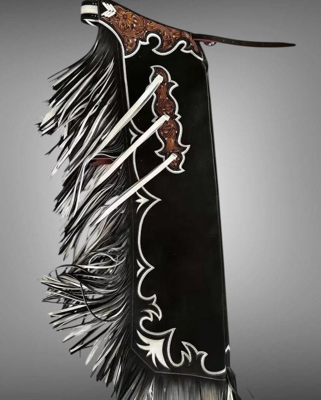 Black Leather Western Chaps With Fringe, Hand Tooled Rodeo Chaps ...