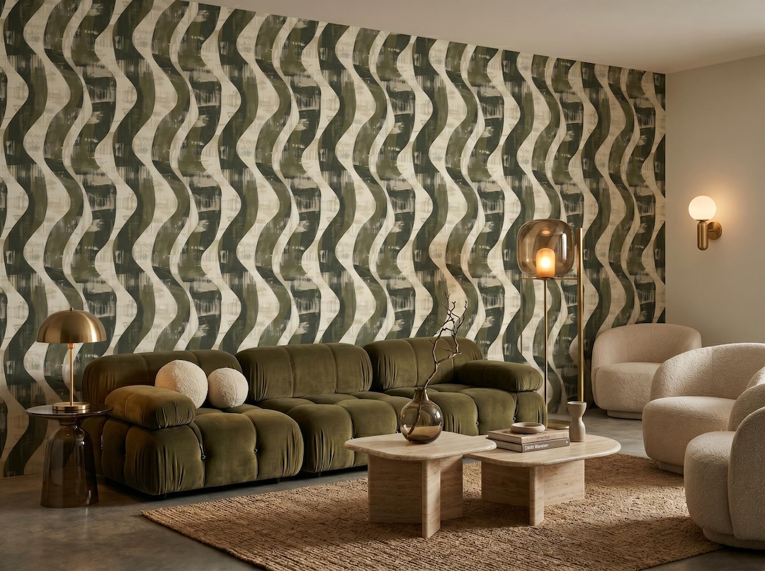 Retro Wave Wallpaper, Olive Green Geometric Mural, Mid Century Curved ...