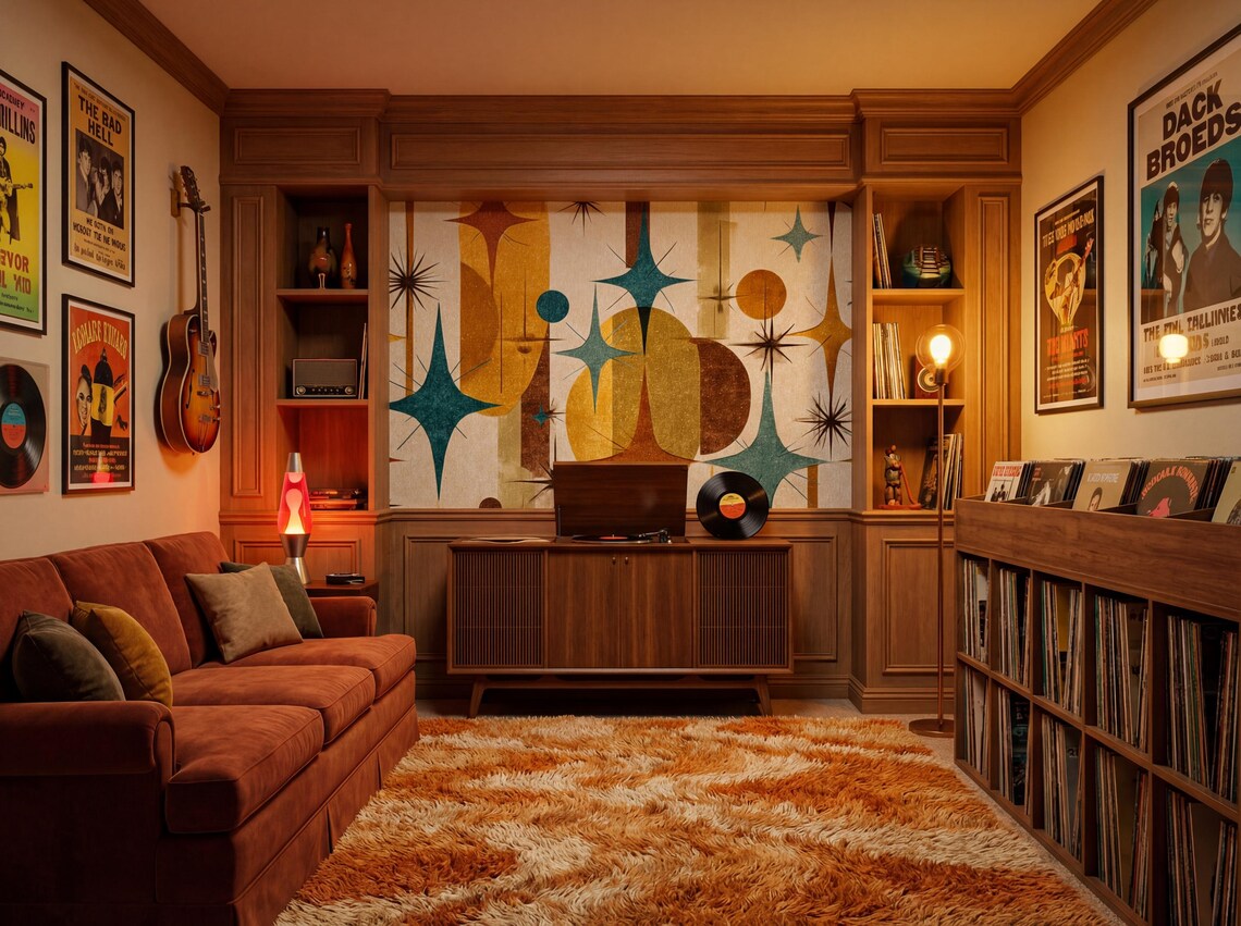 Mid Century Geometric Wallpaper, Retro Atomic Wall Mural, Abstract ...