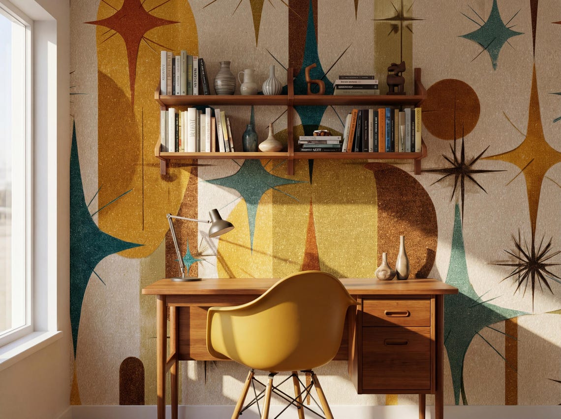 Mid Century Geometric Wallpaper, Retro Atomic Wall Mural, Abstract ...