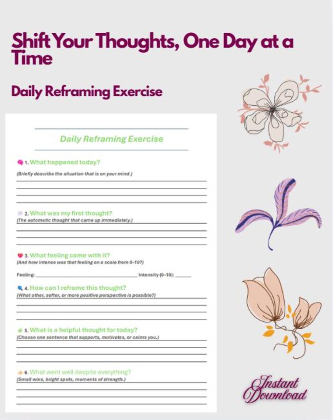 CBT Daily Reframing Worksheet | Challenge Negative Thoughts | Mental ...