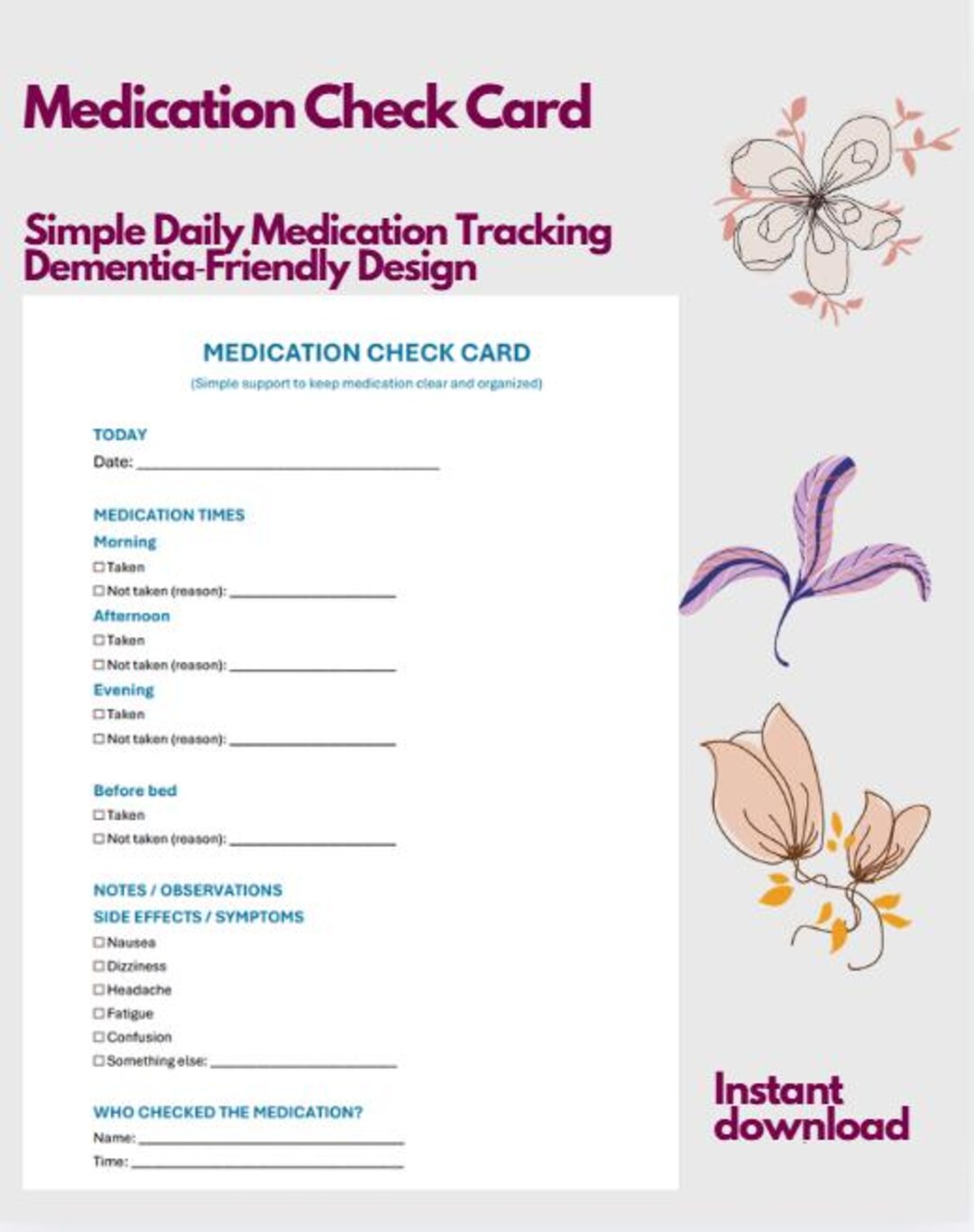 Medication Check Card for Dementia | Simple Daily Medication Overview ...