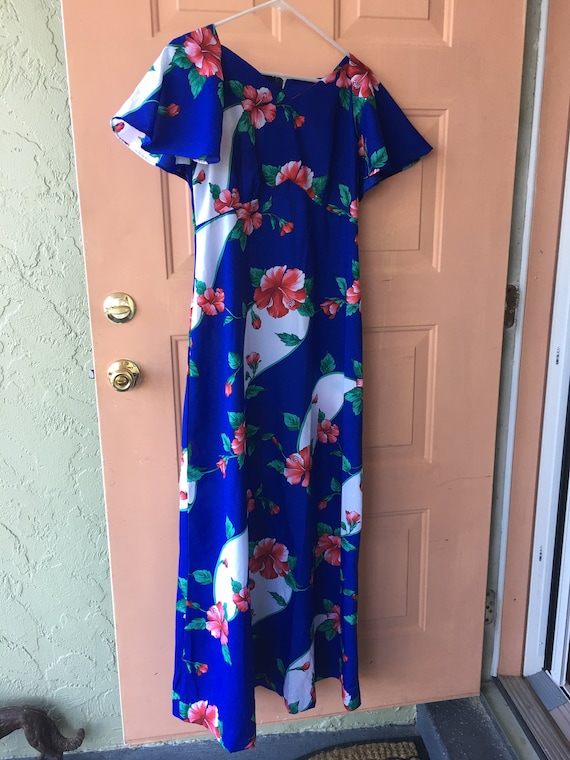 1960 vintage dress Muumuu Hawaiian blue medium - Gem