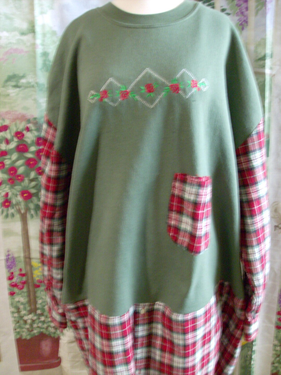 Upcycled Repurposed Green With Plaid Sleeves Accent Sweatshirt Sized ...
