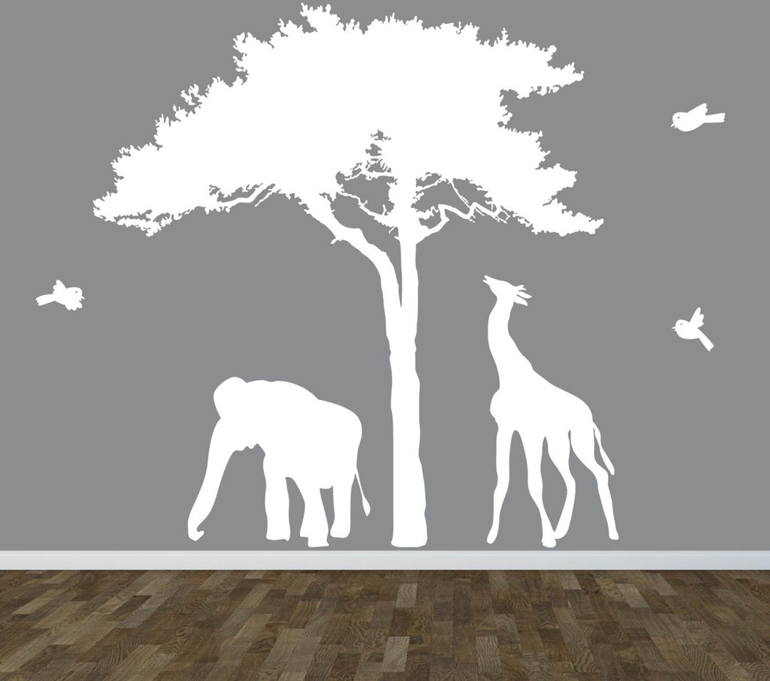 Wall Decals - Tree Decal - Elephant - Giraffe - African Tree - Vinyl ...