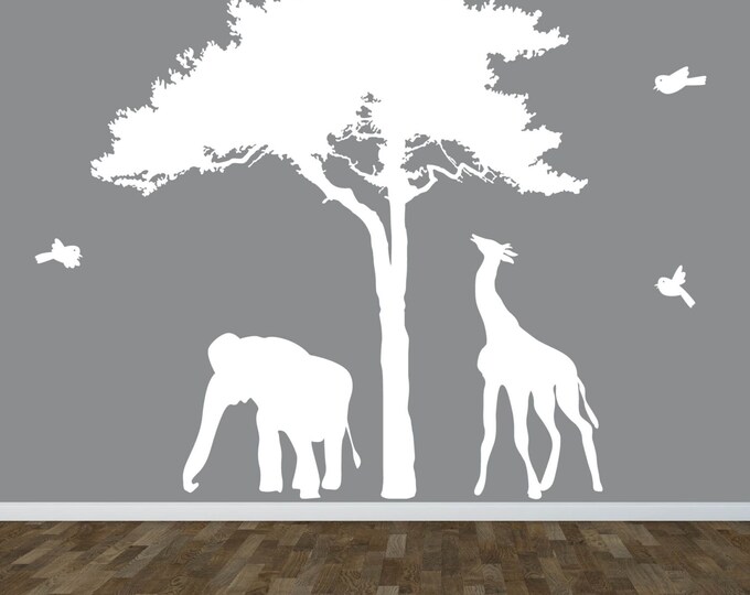 Wall Decals - Tree Decal - Elephant - Giraffe - African Tree - Vinyl ...