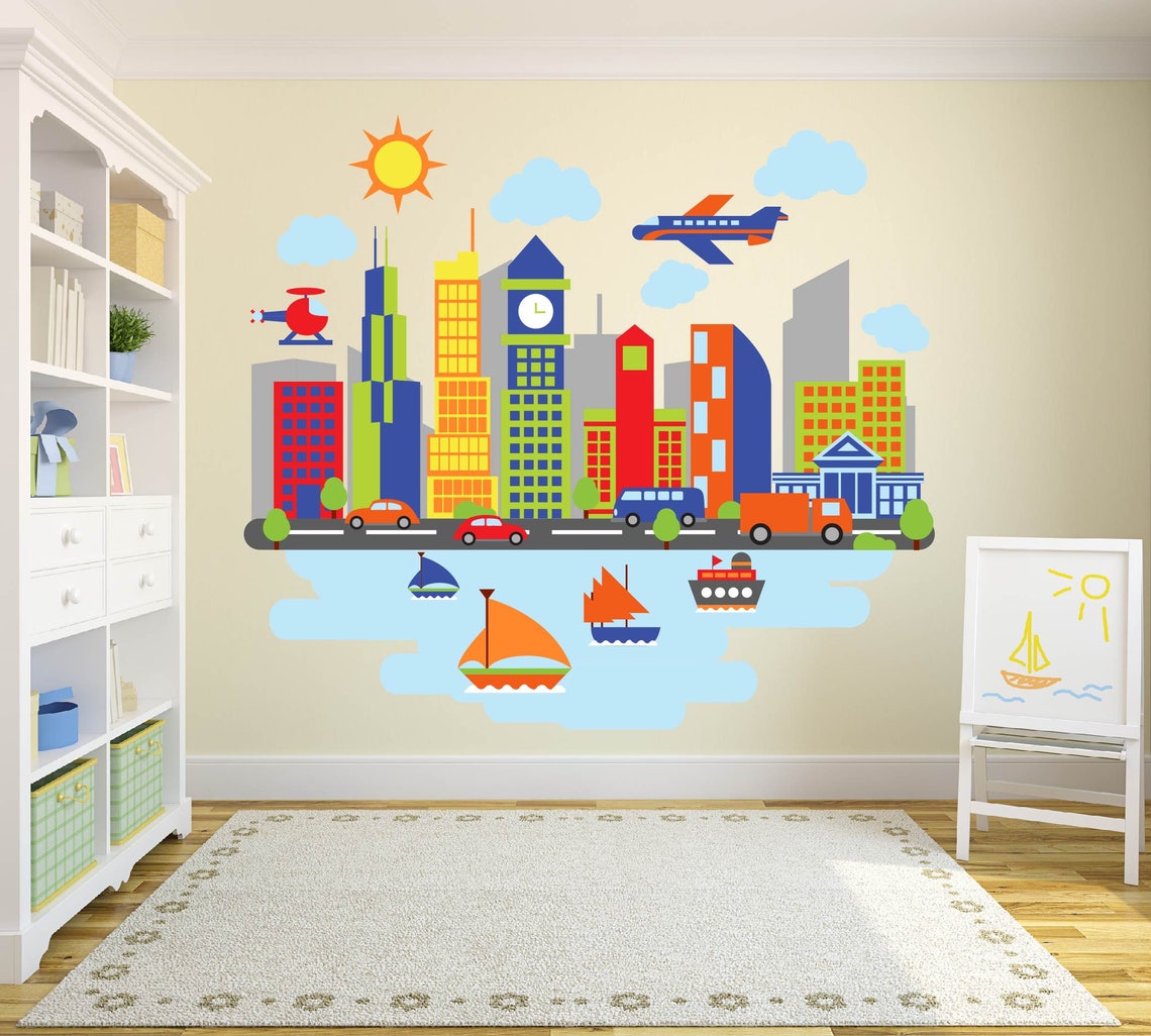 Kids wall decals / city decal / water / buildings decal / | Etsy