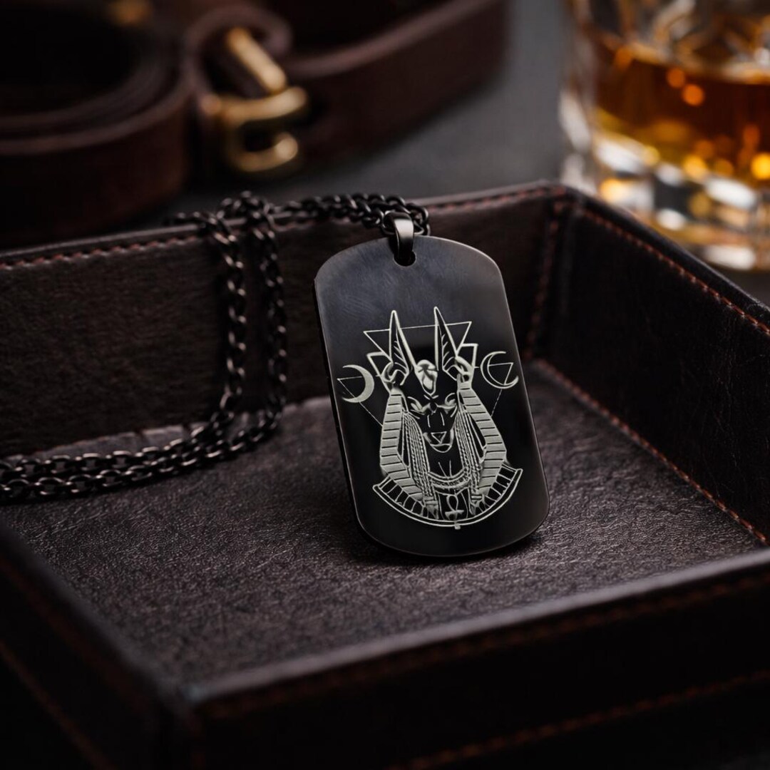 Egyptian Anubis Dog Tag Necklace - Ankh & Crescent Moon Pendant ...