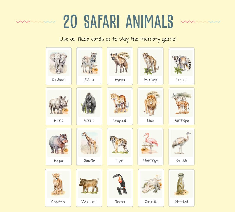 20 Safari Memory Flash Cards Printable: Animal Matching (PDF Download ...