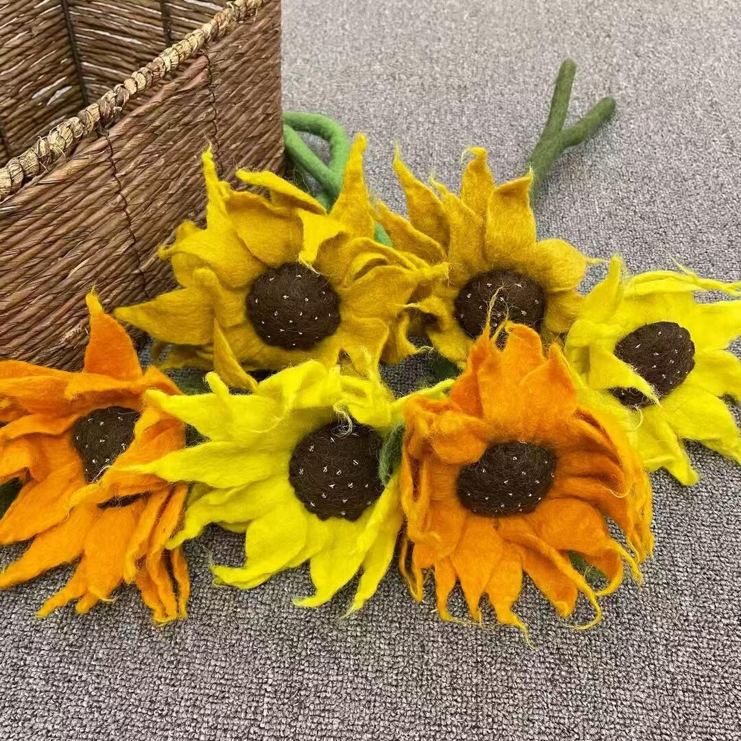 Handmade Felt Sunflower | Wool Flower Wired-stem, Everlasting Botanical ...