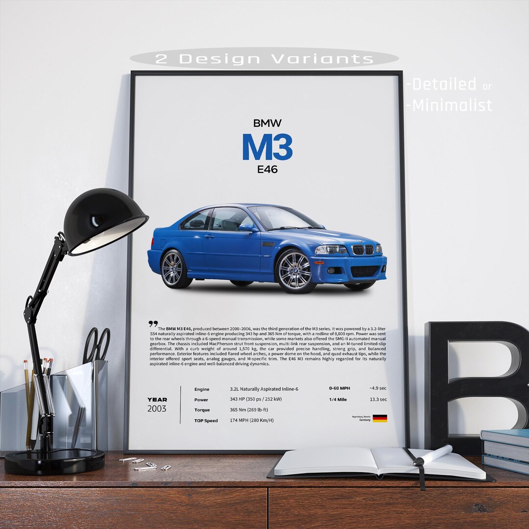 BMW M3 E46 Car Poster - Detailed and Minimal - Retro Sports Car Wall ...