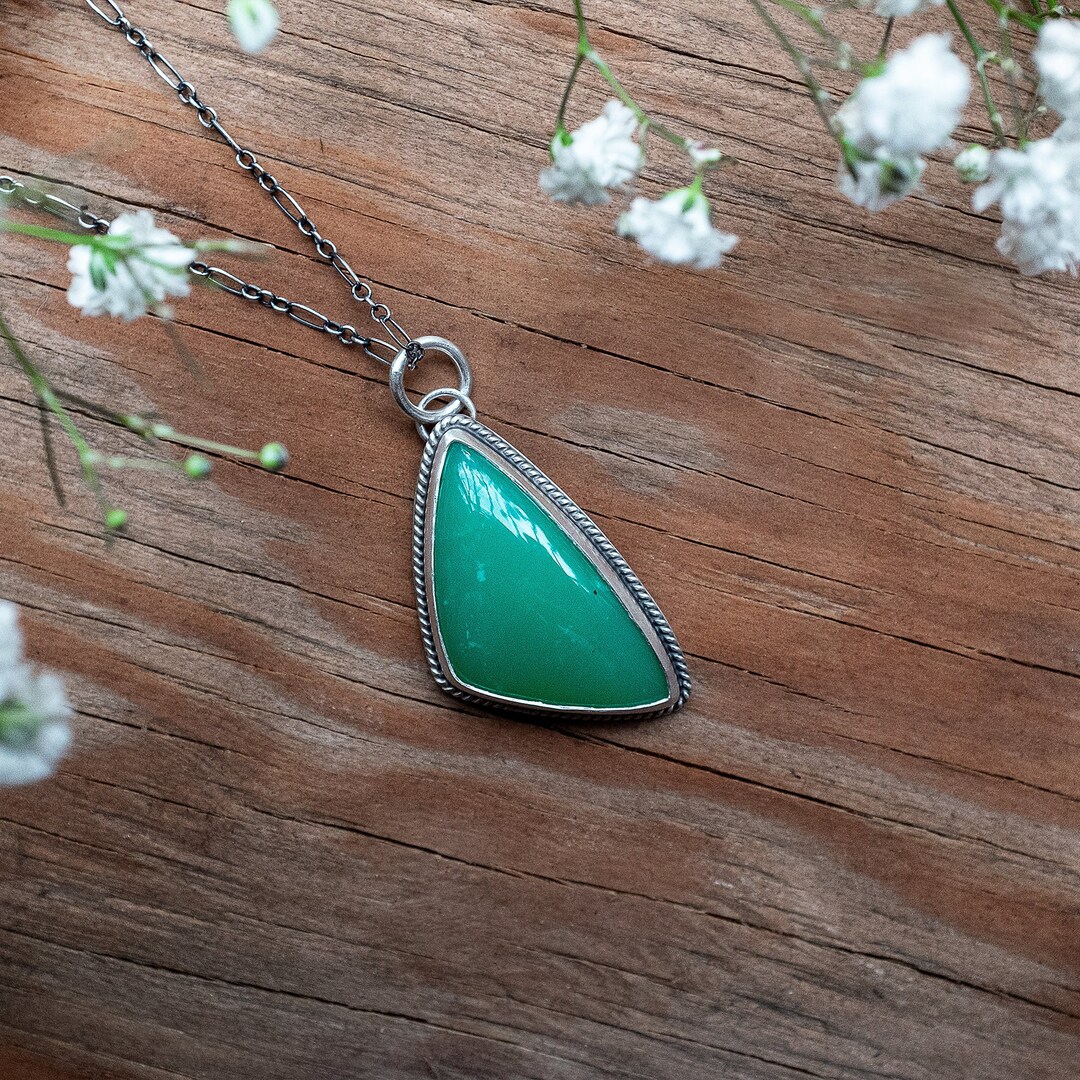 Green Chrysoprase Sterling Silver Pendant, Handmade Oxidized Necklace ...