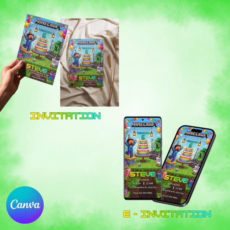 Minecraft Birthday Party Bundle | Gamer Party Decor | Editable Canva ...