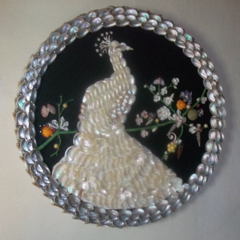 Sea Shell Art A White Peacock With Flowers - Etsy