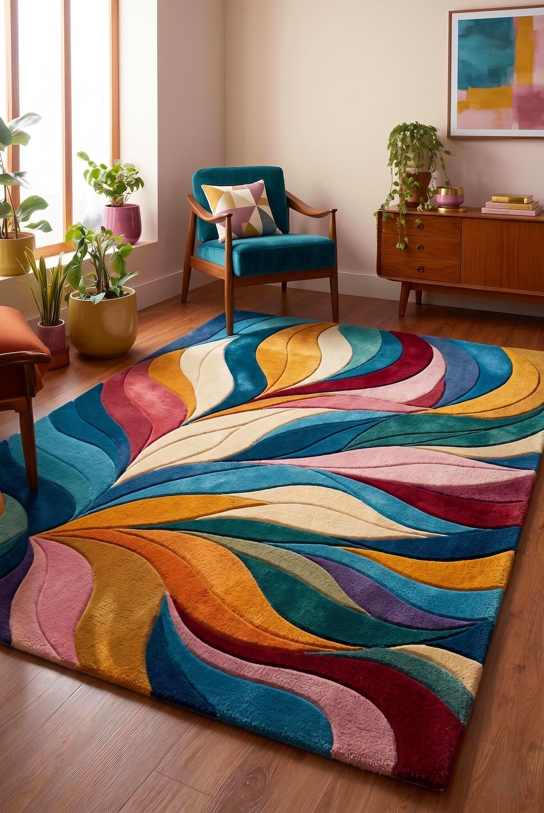 Hand Tufted Wool Rug, Abstract Rug Swirl Wave Design, Colorful Modern ...