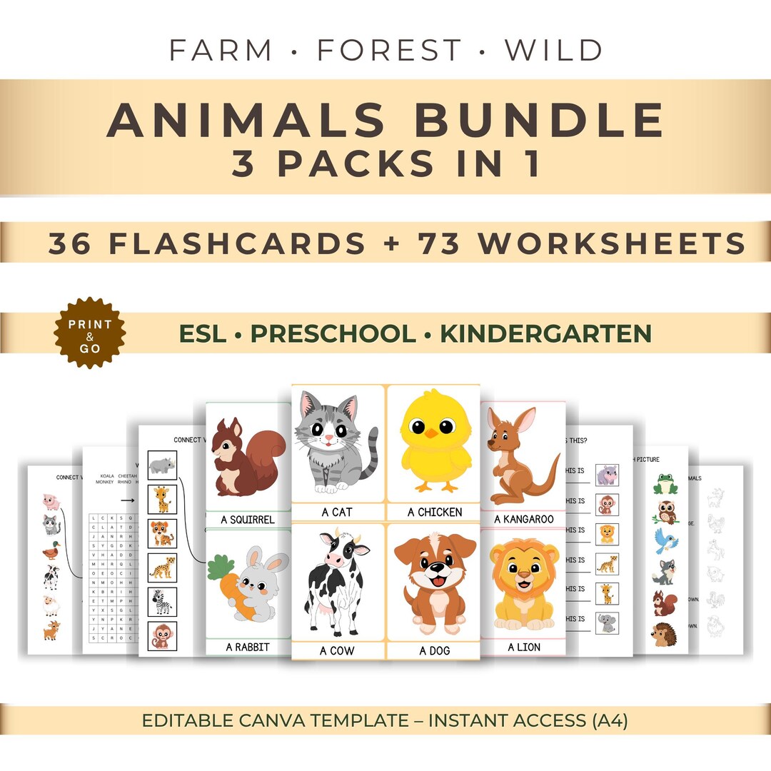 ESL Animal Worksheets Bundle for Kids | Flashcards + Activities ...