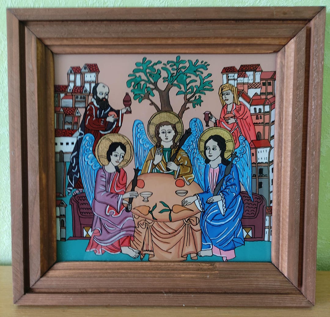 Icon, the Holy Trinity, Reverse Glass Painting, Hand-painted, Romanian ...