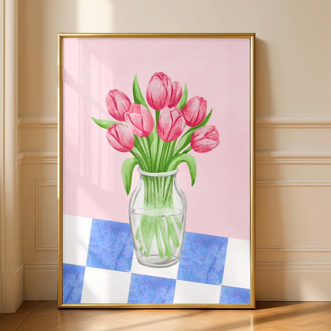 Pink Tulips Print,hand Drawn Checkered Flowers Tulips Printable Poster ...
