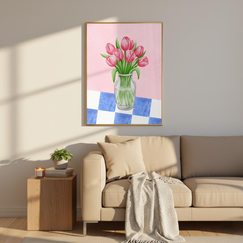 Pink Tulips Print,hand Drawn Checkered Flowers Tulips Printable Poster ...