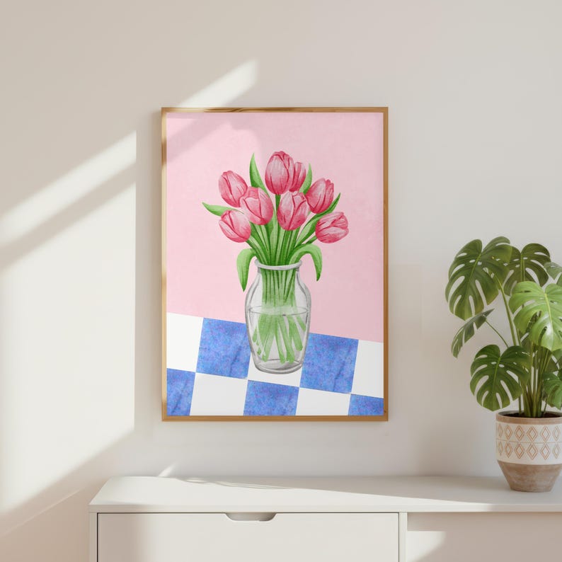 Pink Tulips Print,hand Drawn Checkered Flowers Tulips Printable Poster ...