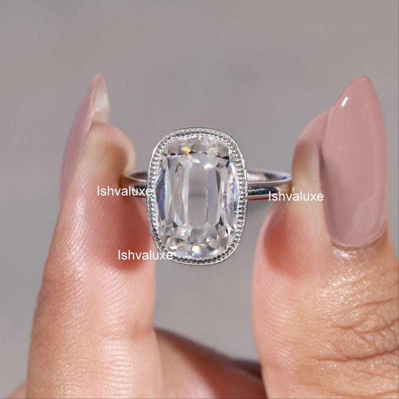 Georgian Style 5 CT Old Mine Elongated Cushion Cut Bezel Set Moissanite ...