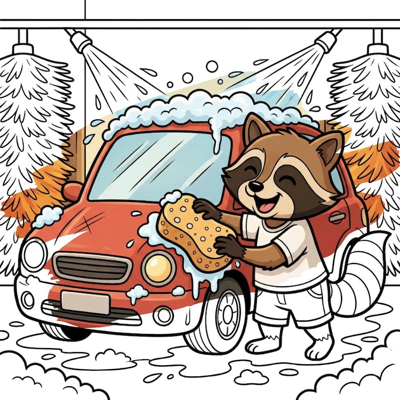 Raccoon Car Wash Coloring Page, Kawaii Animal Printable (PDF Download ...