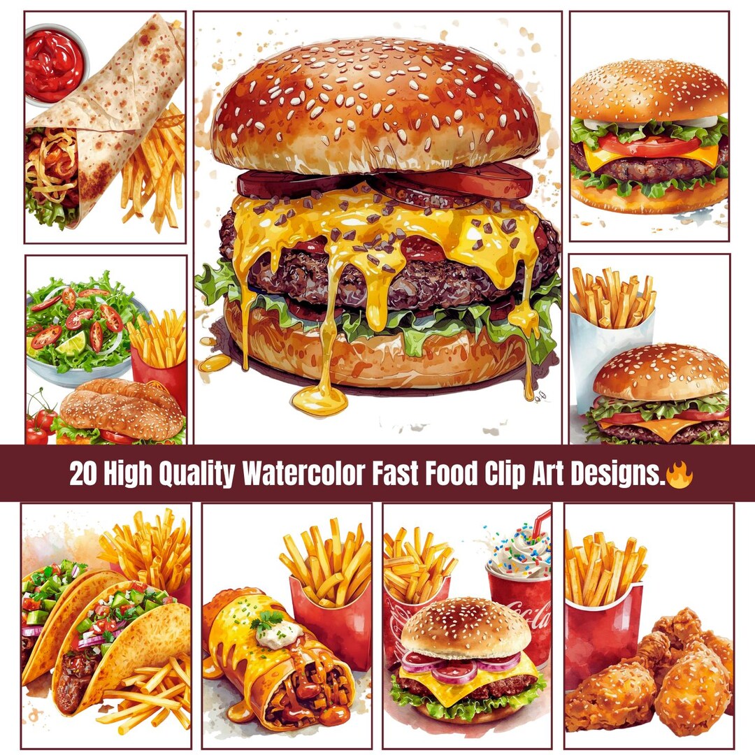 Watercolor Fast Food Clip Art, Illustrations, Instant Download - Etsy