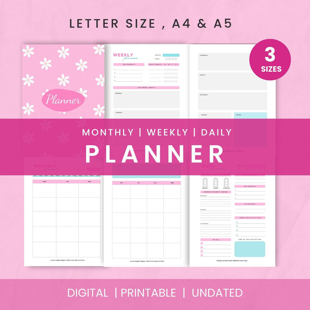 Pink Unique Printable Planner | Daily, Weekly, Monthly | A4, A5, US ...