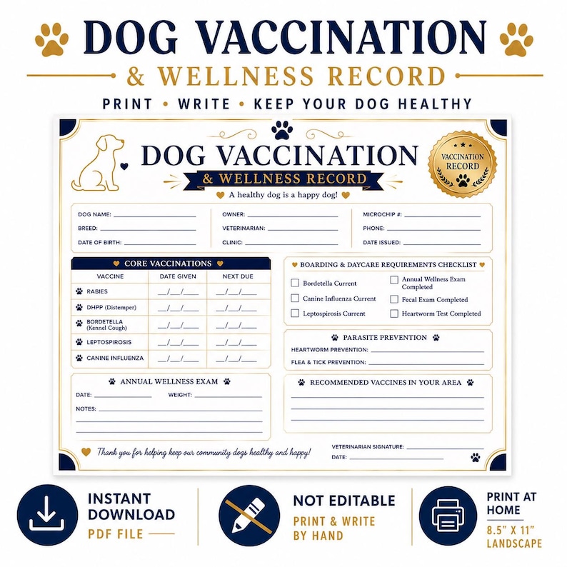 Dog Vaccination Record Printable | Pet Wellness Tracker, Boarding ...