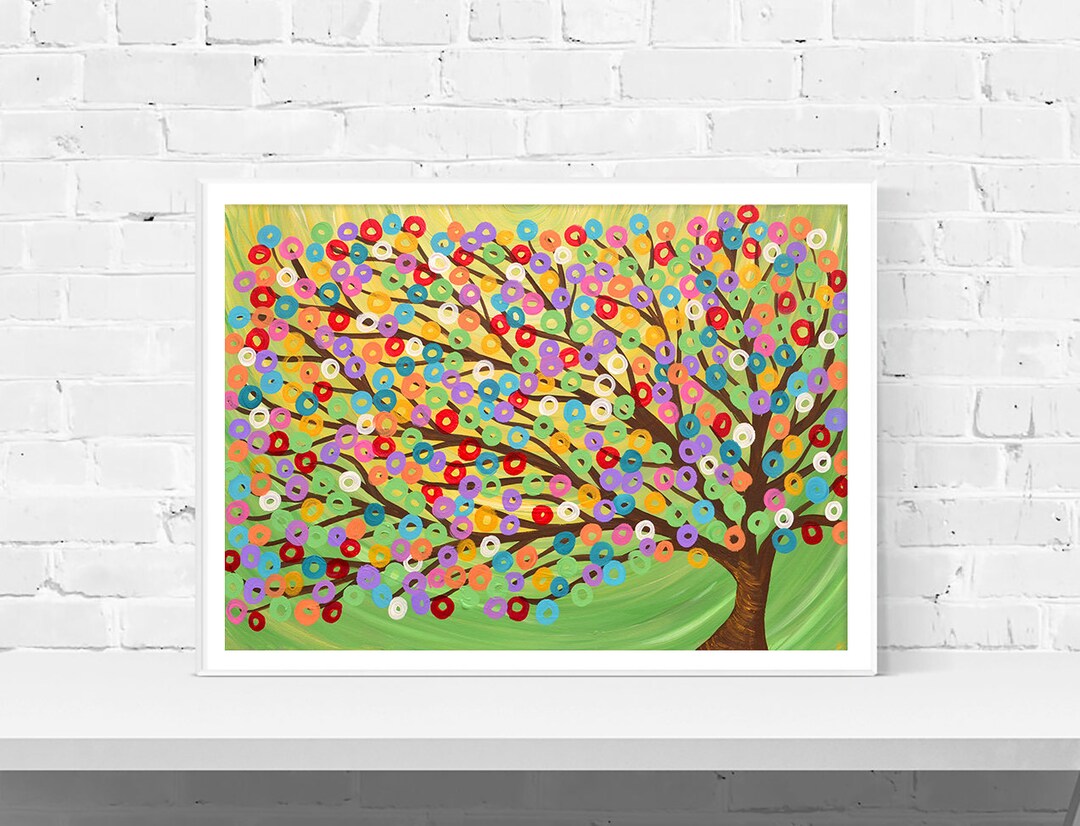 Green Print - Rainbow Coloured Tree Art Print on Lime Green Background ...