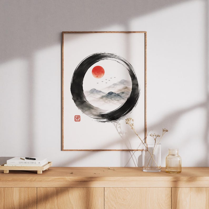 Zen Enso Circle Wall Art – Japanese Minimalist Ink Landscape Print ...