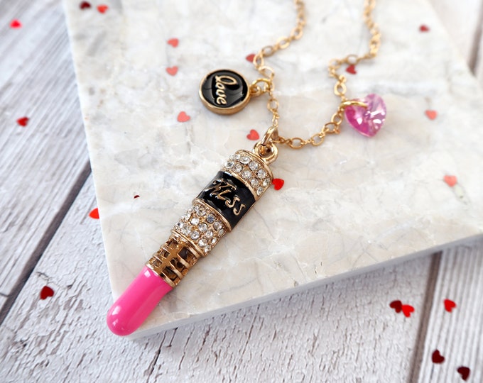 Pink Rhinestones Lipstick Charm MUA Necklace Makeup Artist Gift Makeup ...