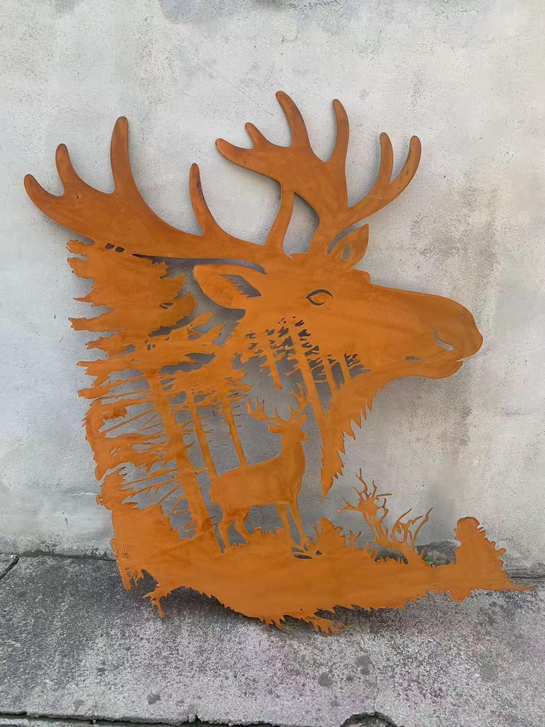 Rustic Metal Moose Forest Scene Wall Art, Iron Moose Head Silhouette ...