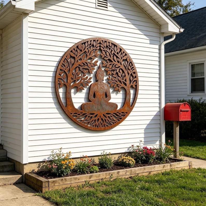 Rusty Buddha Tree of Life Metal Wall Art, Rustic Iron Zen Wall Decor ...