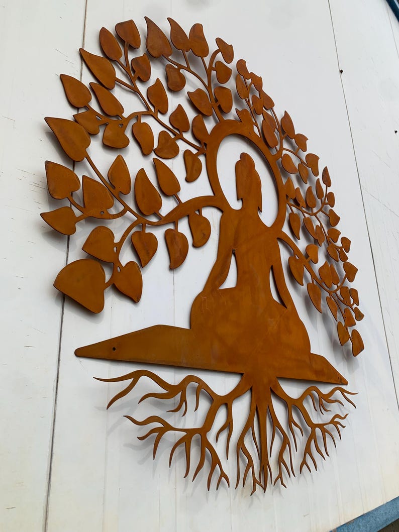 Rusty Metal Buddha Wall Hanging, Rust Finish Bodhi Tree Decor, Yoga ...