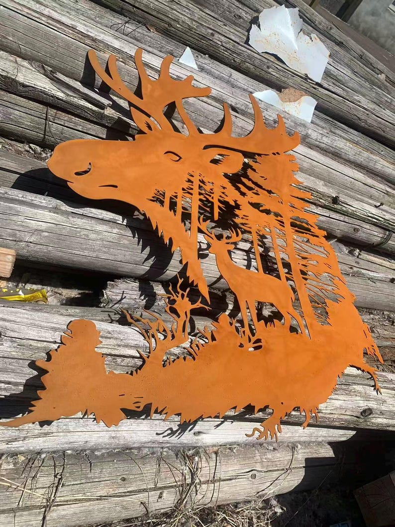 Rustic Metal Moose Forest Scene Wall Art, Iron Moose Head Silhouette ...