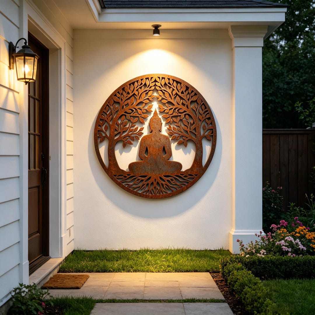 Rusty Buddha Tree of Life Metal Wall Art, Rustic Iron Zen Wall Decor ...