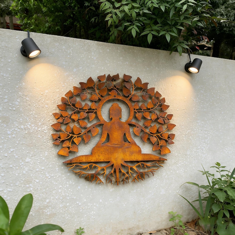 Rusty Metal Buddha Wall Hanging, Rust Finish Bodhi Tree Decor, Yoga ...