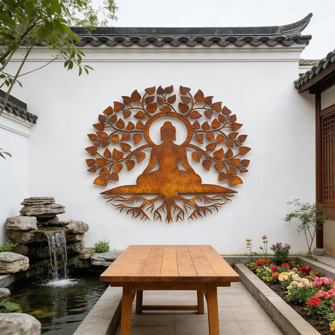 Rusty Metal Buddha Wall Hanging, Rust Finish Bodhi Tree Decor, Yoga ...