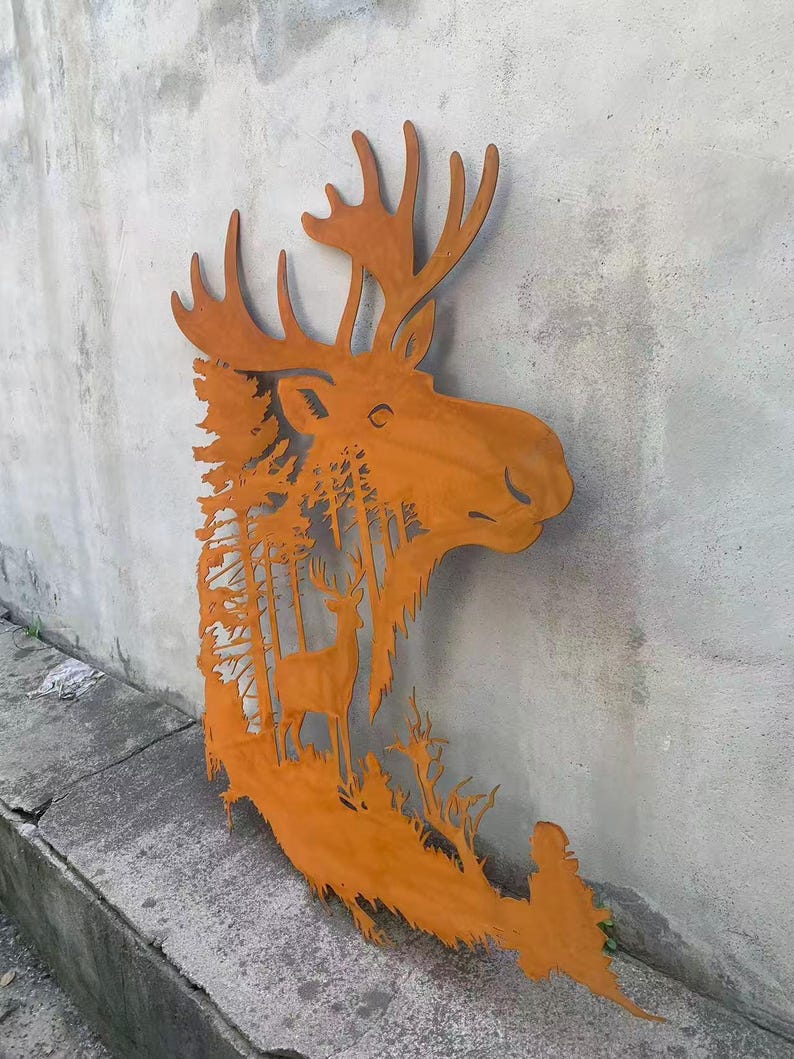 Rustic Metal Moose Forest Scene Wall Art, Iron Moose Head Silhouette ...