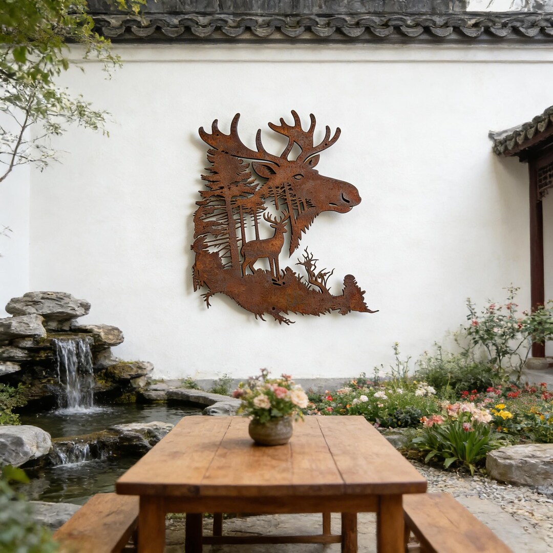 Rustic Metal Moose Forest Scene Wall Art, Iron Moose Head Silhouette ...