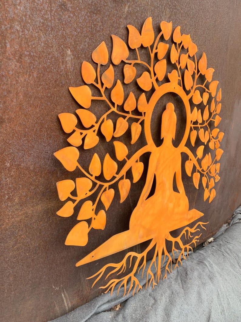 Rusty Metal Buddha Wall Hanging, Rust Finish Bodhi Tree Decor, Yoga ...