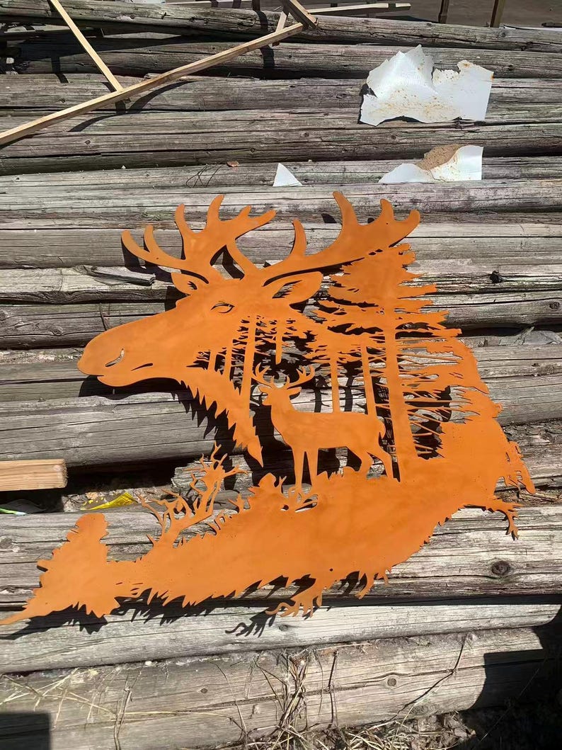 Rustic Metal Moose Forest Scene Wall Art, Iron Moose Head Silhouette ...