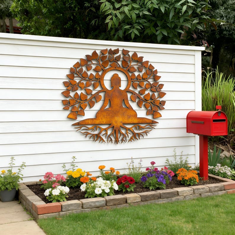 Rusty Metal Buddha Wall Hanging, Rust Finish Bodhi Tree Decor, Yoga ...