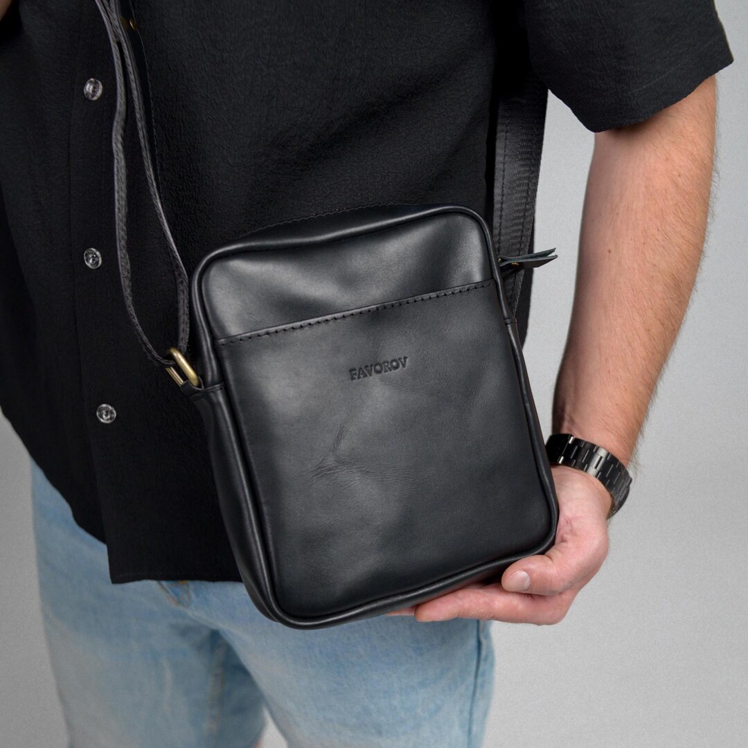 Handmade Black Crust Leather Crossbody Bag, Small Messenger Shoulder ...