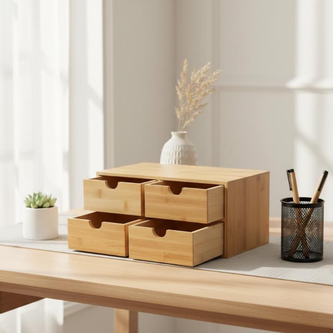 Bamboo Desktop Organizer: 4-drawer Wooden Desk Storage - Etsy