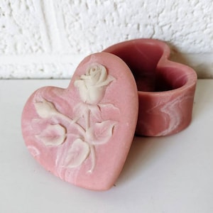Vintage Incolay Heart Shaped Ring Box Pink With White Roses Engagement ...