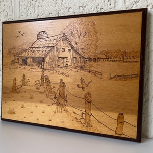 Vintage Wood Burn Wall Art | Barn Scene | Pyrography | Bucolic Scene - Etsy