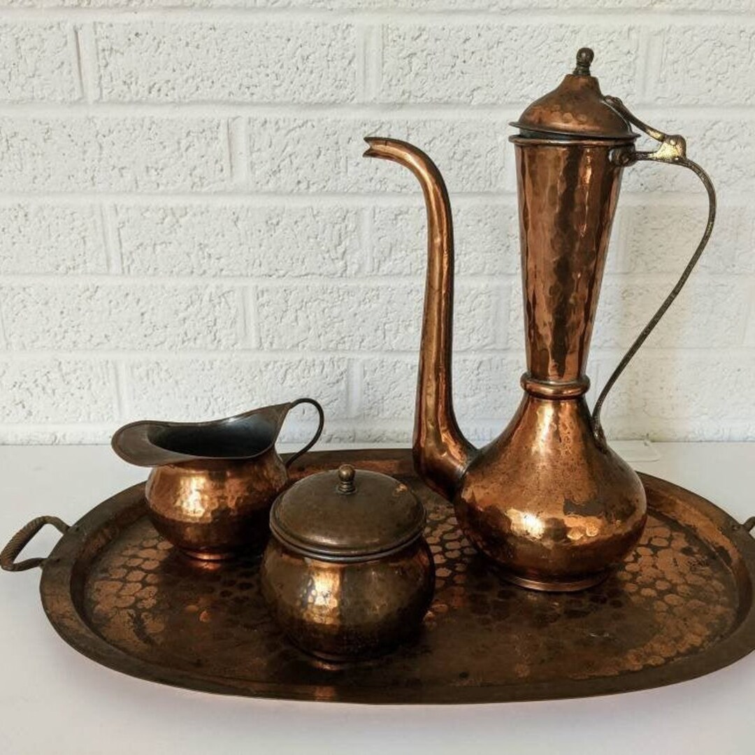 Antique Hammered Copper Tea Coffee Service Set - Etsy